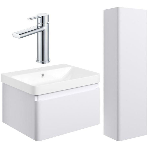 Ruby Penny 600mm Basin Unit & Tall Unit Pack - Matt White w/Chrome Fin