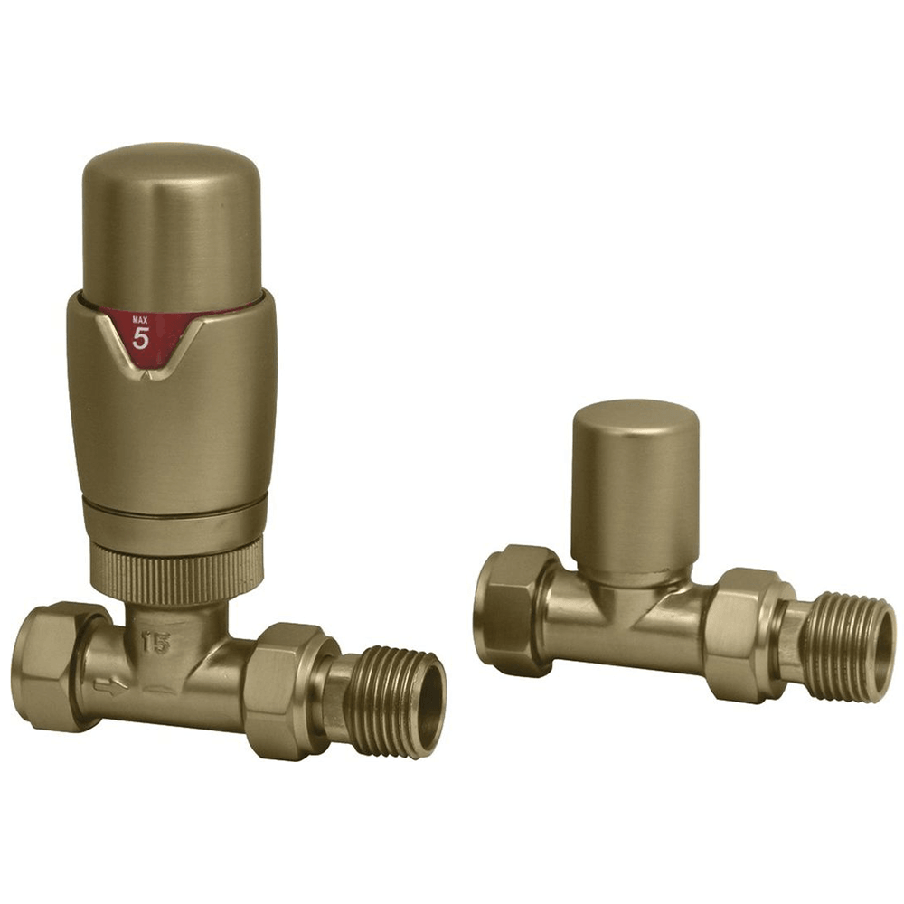 Ruby Round Thermostatic Brushed Brass Radiator Valves - Straight - RUB