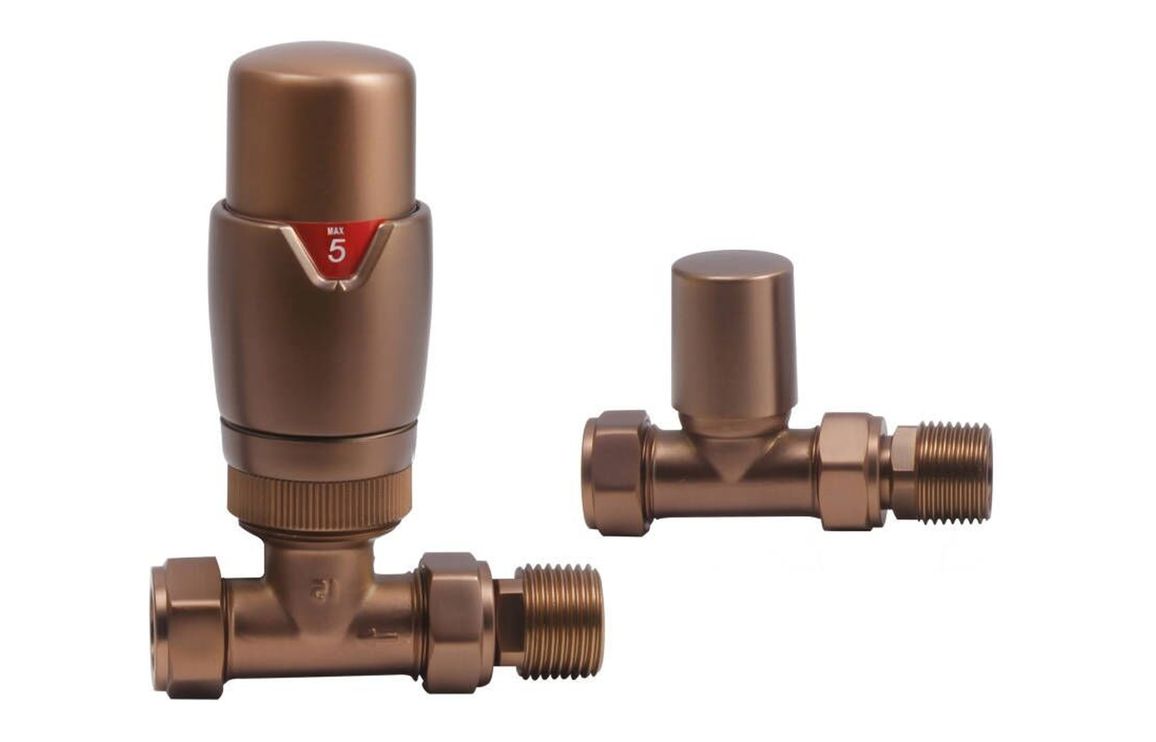 Ruby Round Thermostatic Brushed Bronze Radiator Valves - Straight - RU