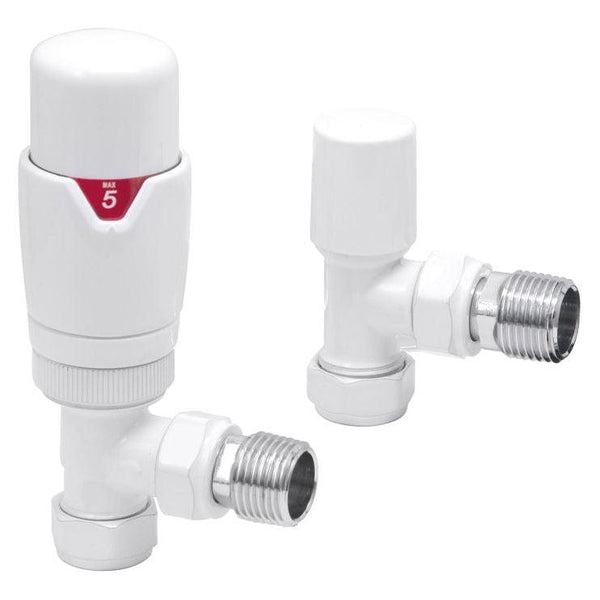 Ruby Round Thermostatic White Radiator Valves | Angled | RUBY105003