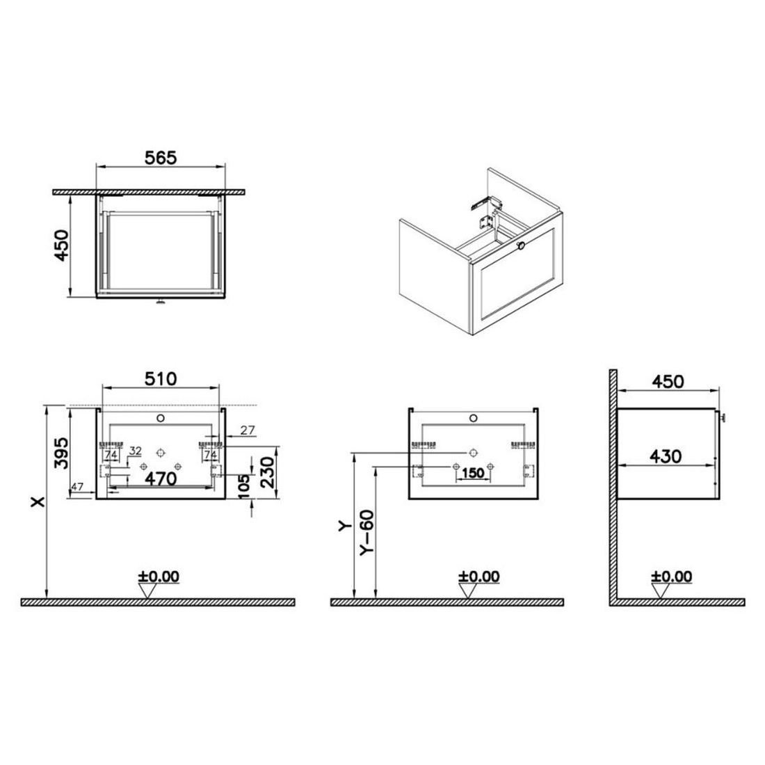 VitrA Root Classic 60cm 1 Drawer Washbasin Unit | Matt Grey | 68449