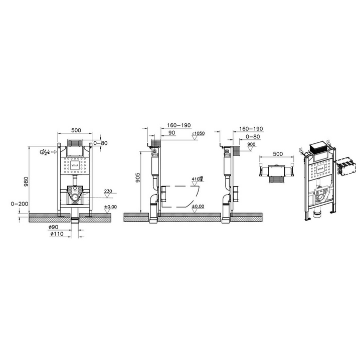 VitrA V-Fix Prime Reduced Height (98cm) WH WC Frame & 3/6L Cistern (Fl